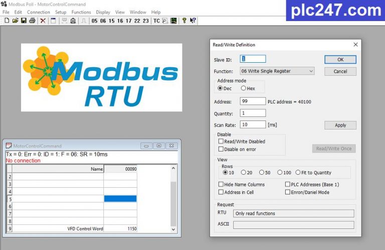 Sinamics V20 "Modbus RTU" via Modbus Poll - plc247.com