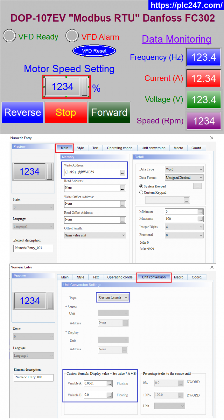 Delta HMI "Modbus RTU" Danfoss FC302 Tutorial - plc247.com
