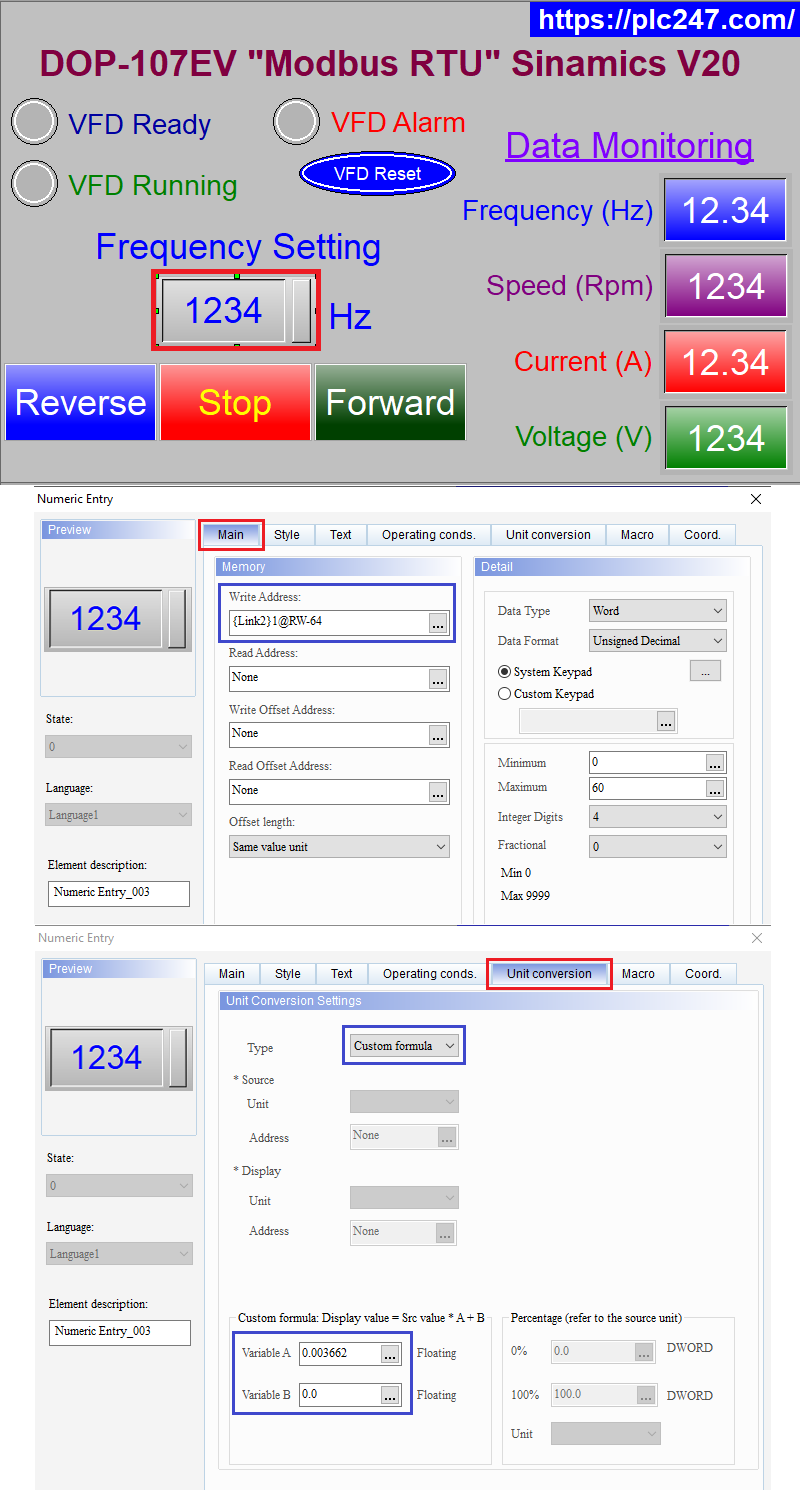 Delta HMI "Modbus RTU" Siemens Sinamics V20 Tutorial - plc247.com