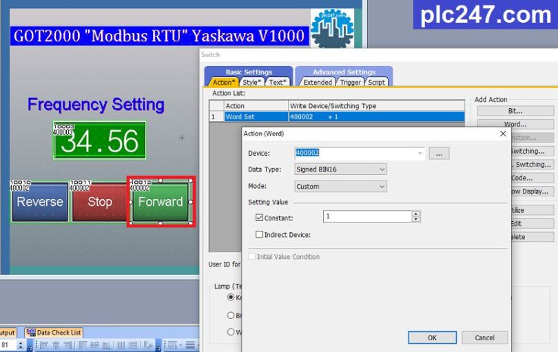 Mitsubishi HMI "Modbus RTU" Yaskawa V1000 Tutorial - plc247.com