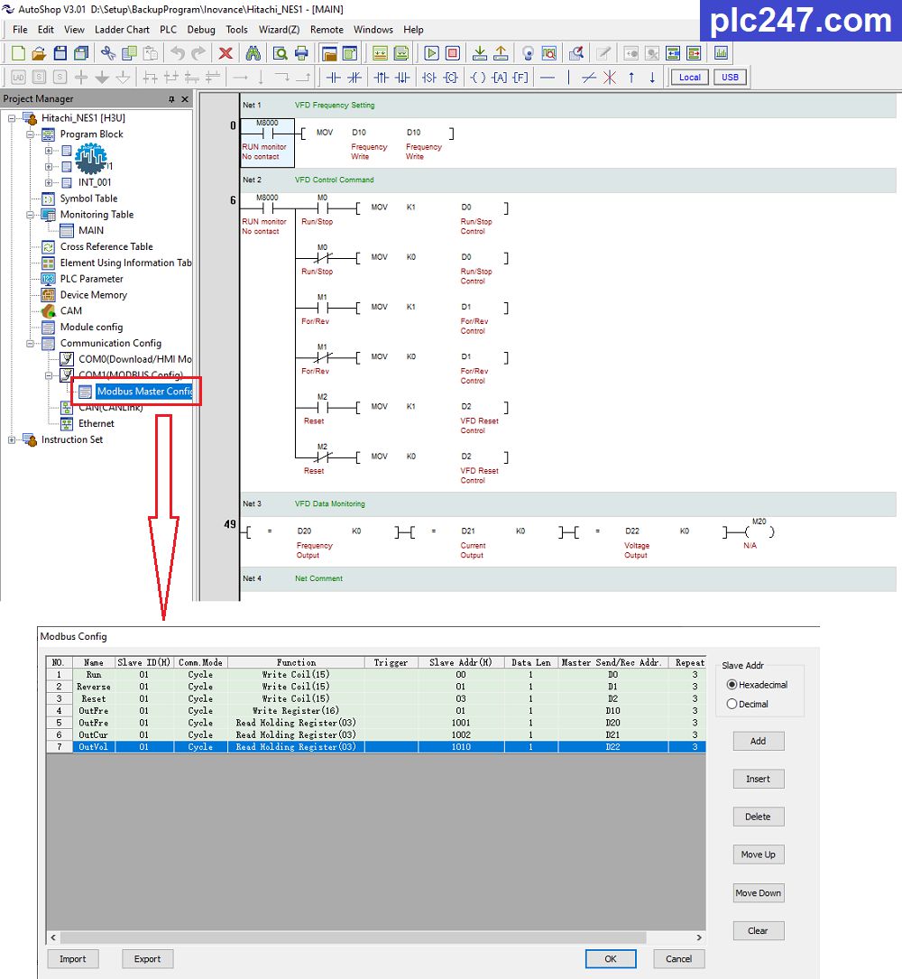 PLC Inovance "Modbus RTU" Hitachi NE S1 Tutorial - plc247.com