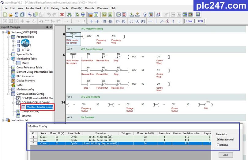 PLC Inovance "Modbus RTU" Yaskawa V1000 Tutorial - plc247.com
