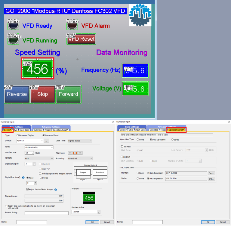 Mitsubishi HMI "Modbus RTU" Danfoss FC302 Tutorial - plc247.com
