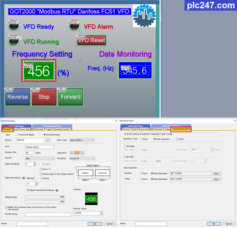 Mitsubishi HMI "Modbus RTU" Danfoss FC51 Tutorial - plc247.com