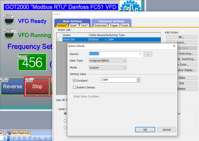 Mitsubishi HMI "Modbus RTU" Danfoss FC51 Tutorial - plc247.com