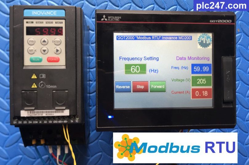Mitsubishi HMI "Modbus RTU" Inovance MD200 Tutorial - plc247.com
