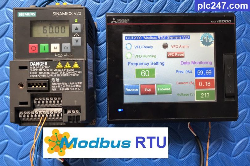 Mitsubishi HMI "Modbus RTU" Siemens V20 Tutorial - plc247.com