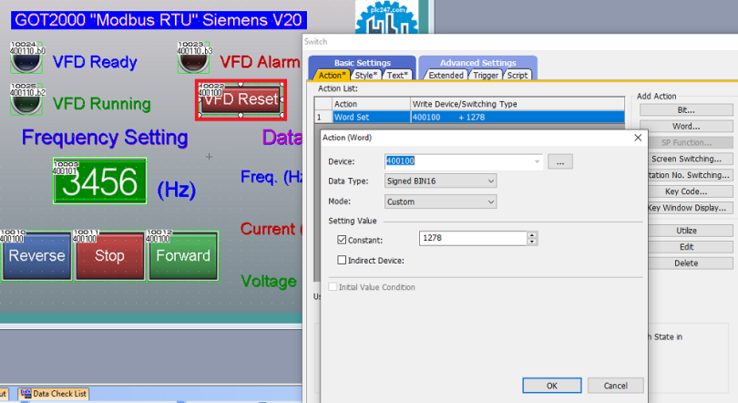 Mitsubishi HMI "Modbus RTU" Siemens V20 Tutorial - plc247.com