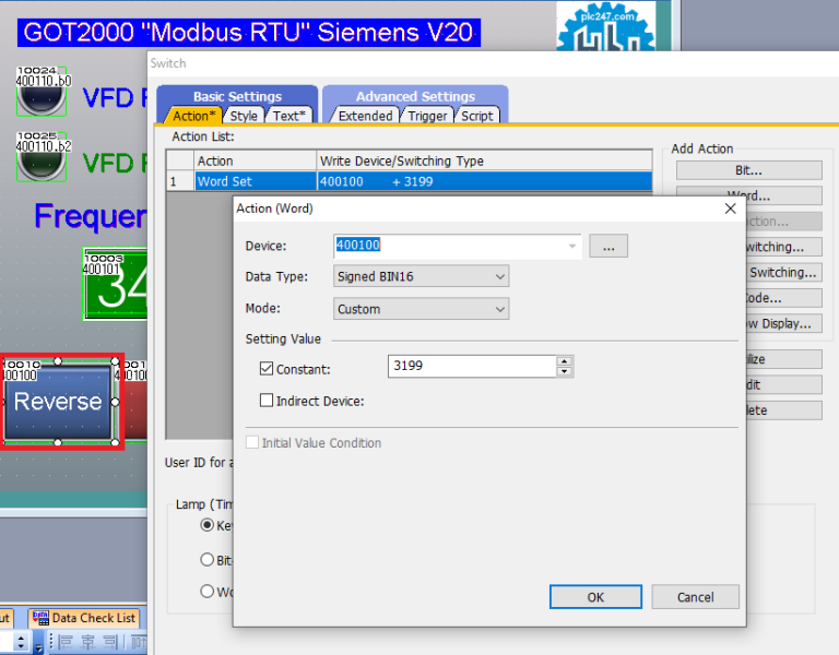 Mitsubishi HMI "Modbus RTU" Siemens V20 Tutorial - plc247.com