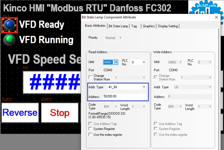 HMI Kinco "Modbus RTU" Danfoss FC302 VFD Tutorial - plc247.com