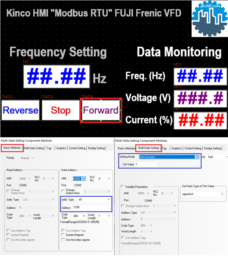 HMI Kinco "Modbus RTU" FUJI Frenic VFD Tutorial - plc247.com