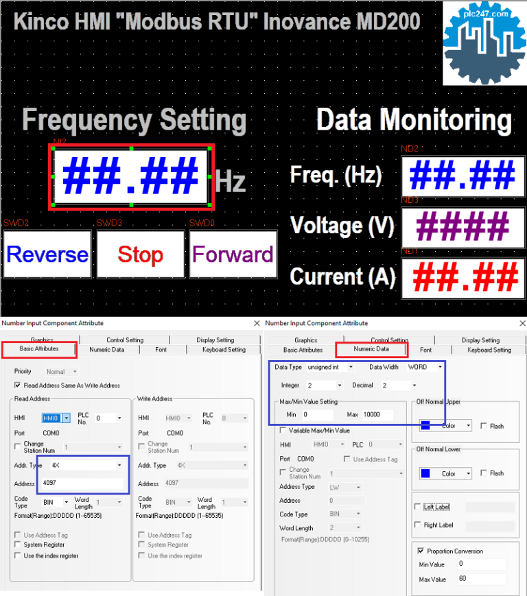 HMI Kinco "Modbus RTU" Inovance MD200 Tutorial - plc247.com