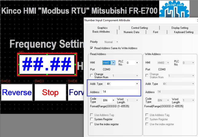 HMI Kinco "Modbus RTU" Mitsubishi FR-E720 Tutorial - plc247.com