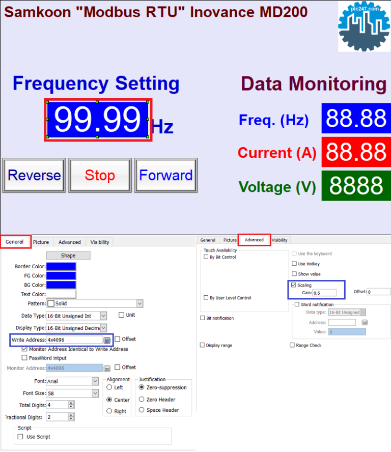 Samkoon HMI "Modbus RTU" Inovance MD200 Tutorial - plc247.com