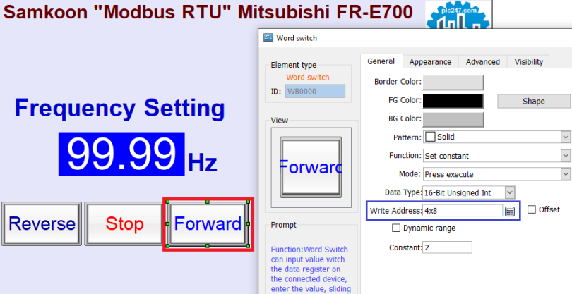 Samkoon HMI "Modbus RTU" Mitsubishi FR E720 Tutorial - plc247.com