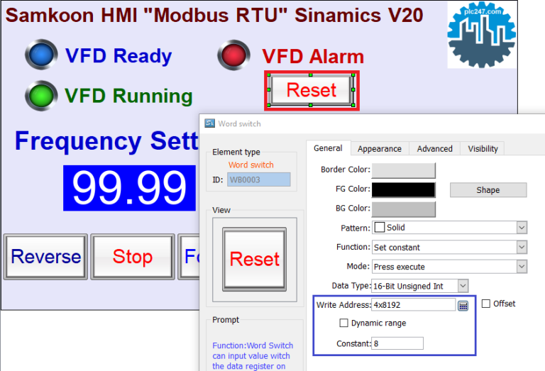 Samkoon HMI "Modbus RTU" Sinamics V20 Tutorial - plc247.com