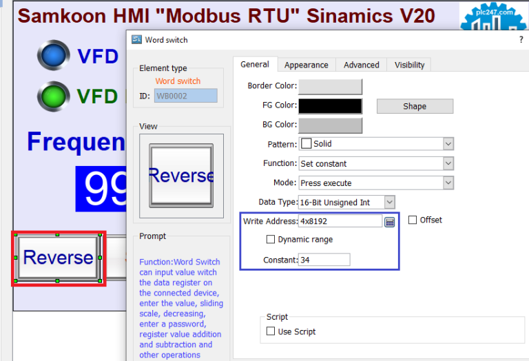 Samkoon HMI "Modbus RTU" Sinamics V20 Tutorial - plc247.com